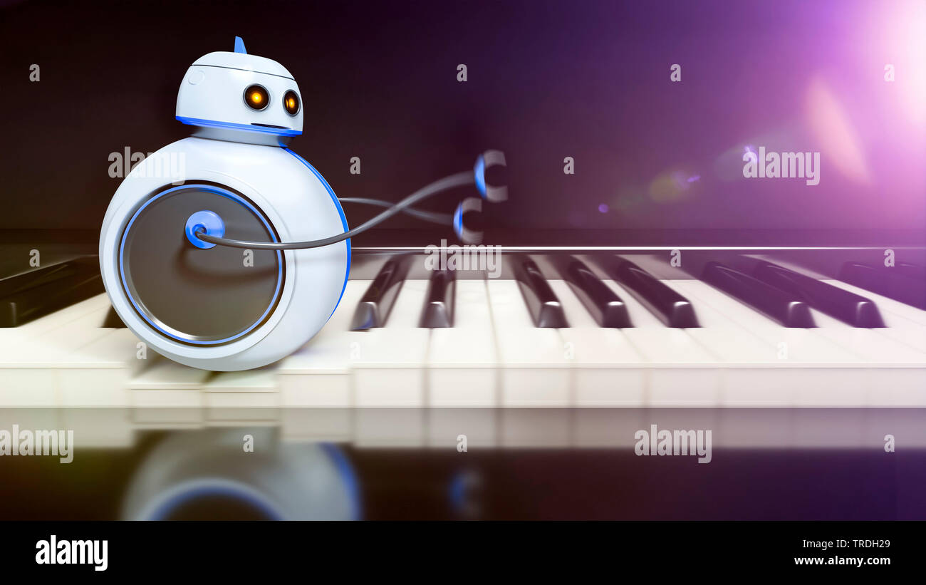 3D computer graphic, round cute robot rolling over a piano keyboard ...