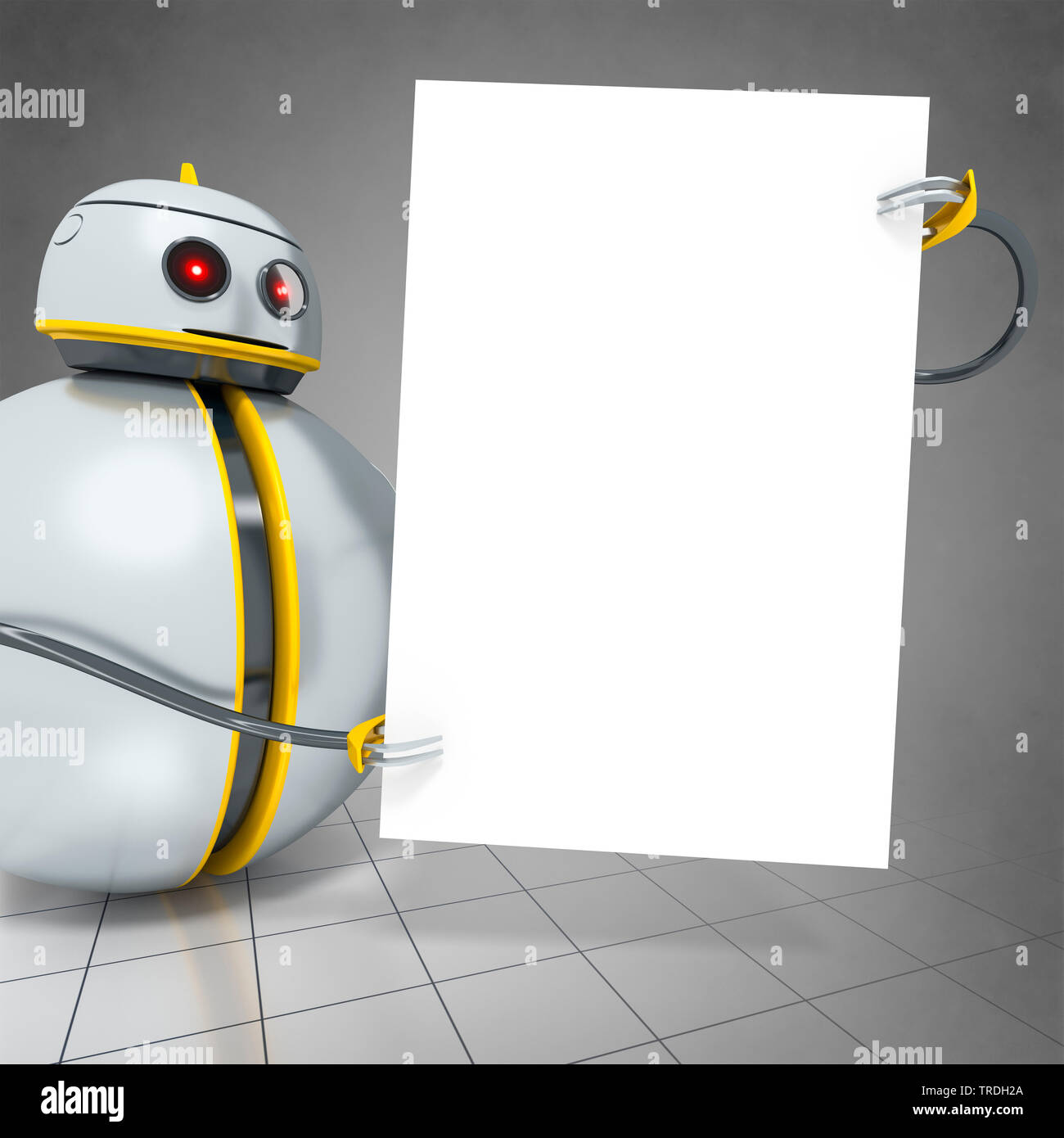 3D computer graphic, round cute robot holding an empty sign against ...