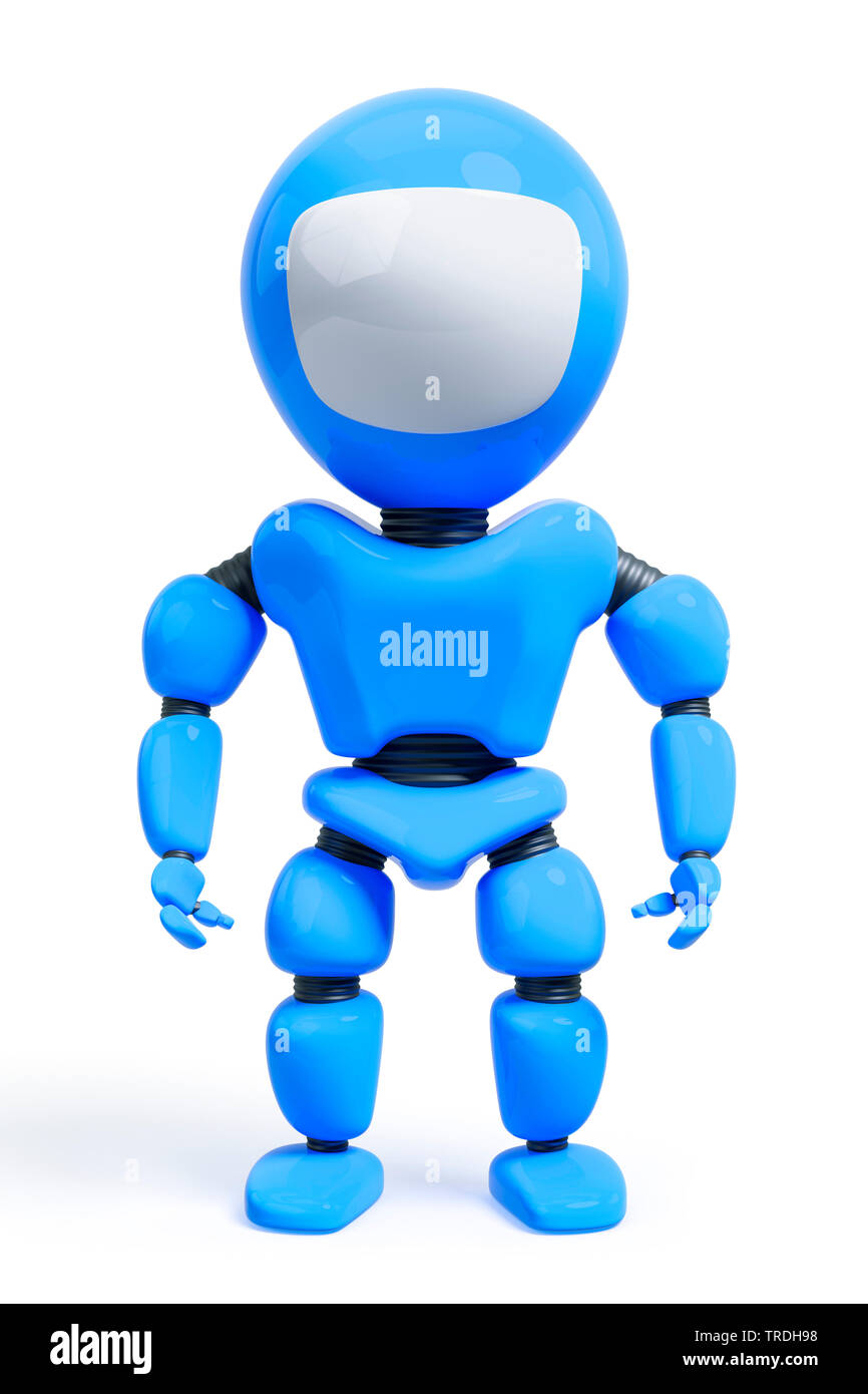 3D computer graphic, humanoid robots in blue color against white ...
