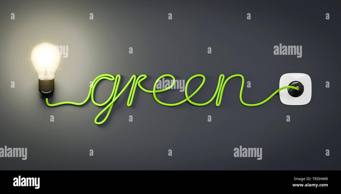3D computer graphic, word GREEN shaped out of the power cable of a ...