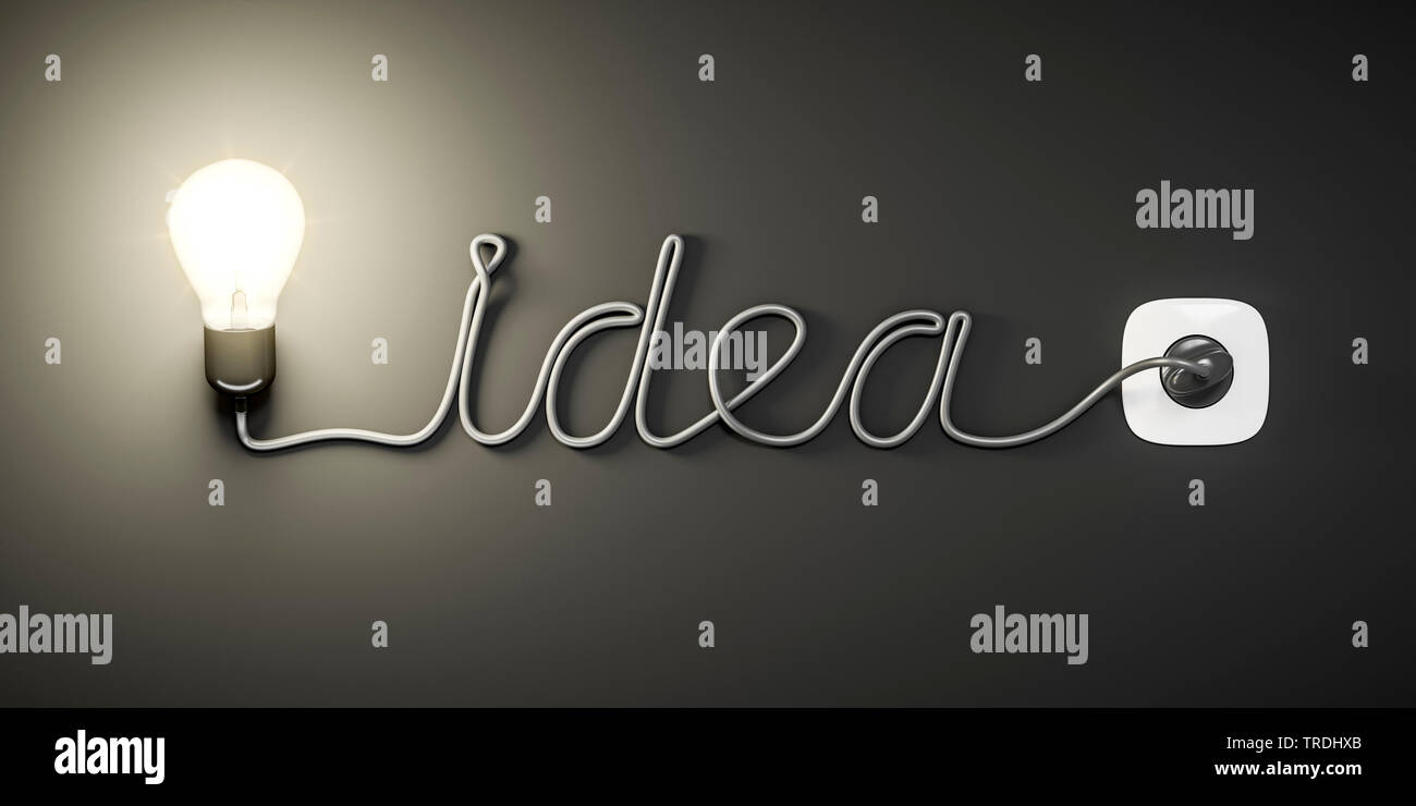 3D computer graphic, word IDEA shaped out of the power cable of a light ...