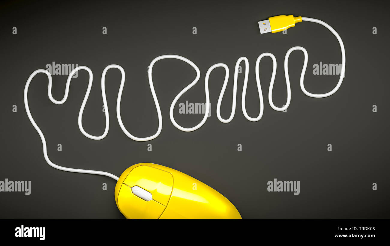 3D computer graphic, computer mouse in yellow color with the cable ...