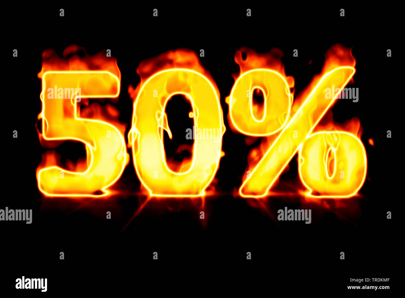 3D computer graphic, illustration of the word 50% out of burning ...