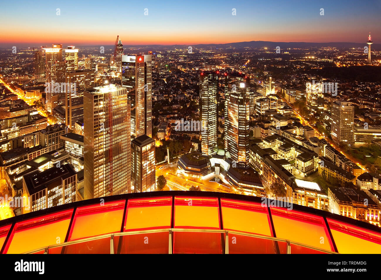 view from Main Tower to the town in the evening light, Germany, Hesse ...