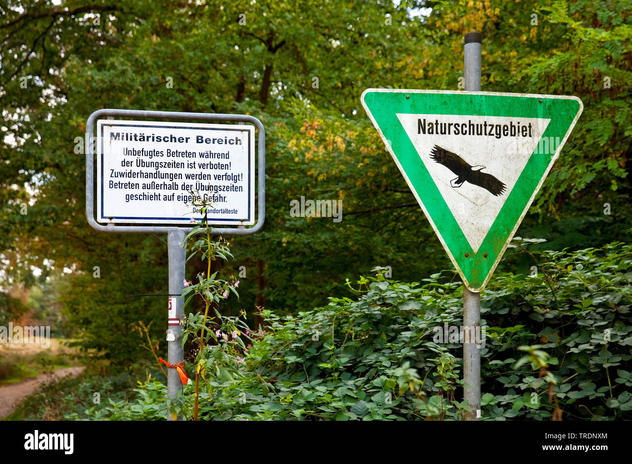 military area and nature reserve signs Wahner Heide, Germany, North ...