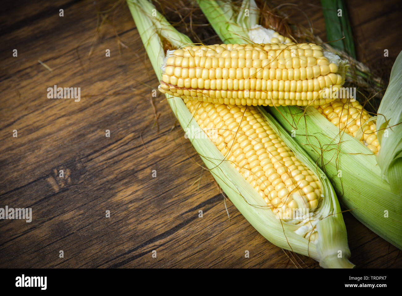 Fresh corn on cobs and sweet corn ears on rustic wooden table ...