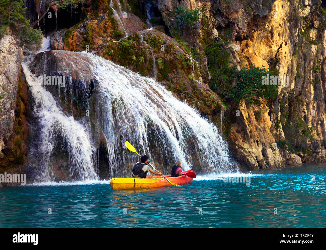 kayak and waterfall of saint Maurin in the natural park of Verdon ...