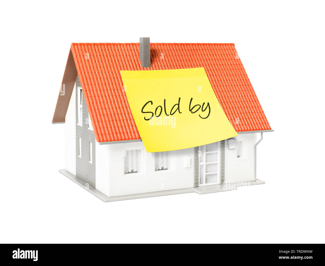 3D computer graphic, freestanding single house with yellow post-it ...