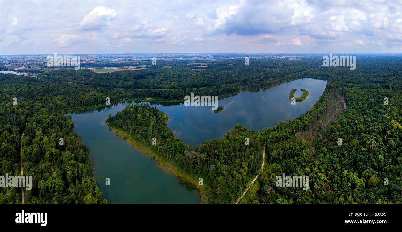 aerial view of Danube riverside woodland near castle Gruenau, Germany ...