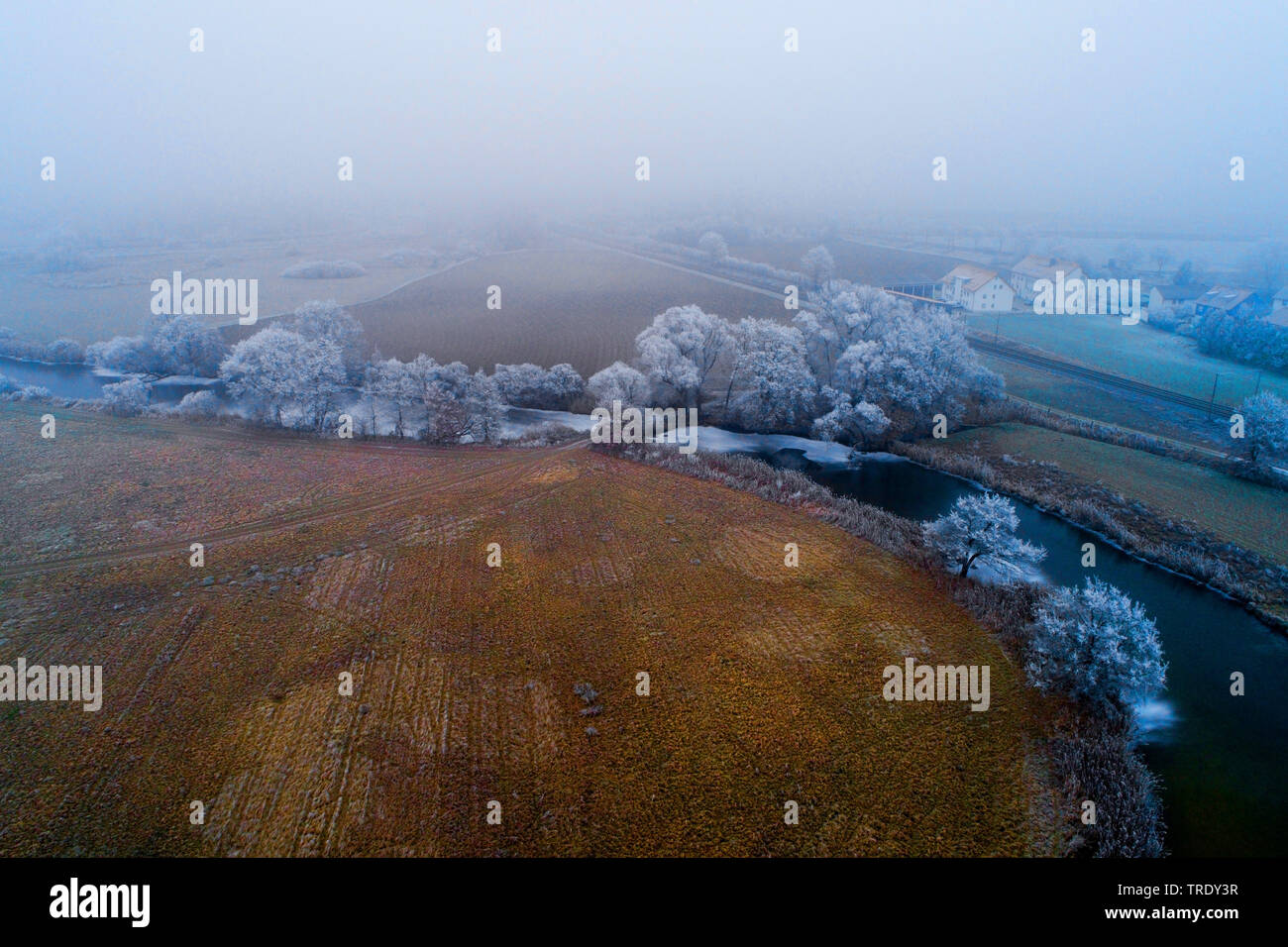 floodplain of Amper at Moosburg in winter, aerial view, Germany ...