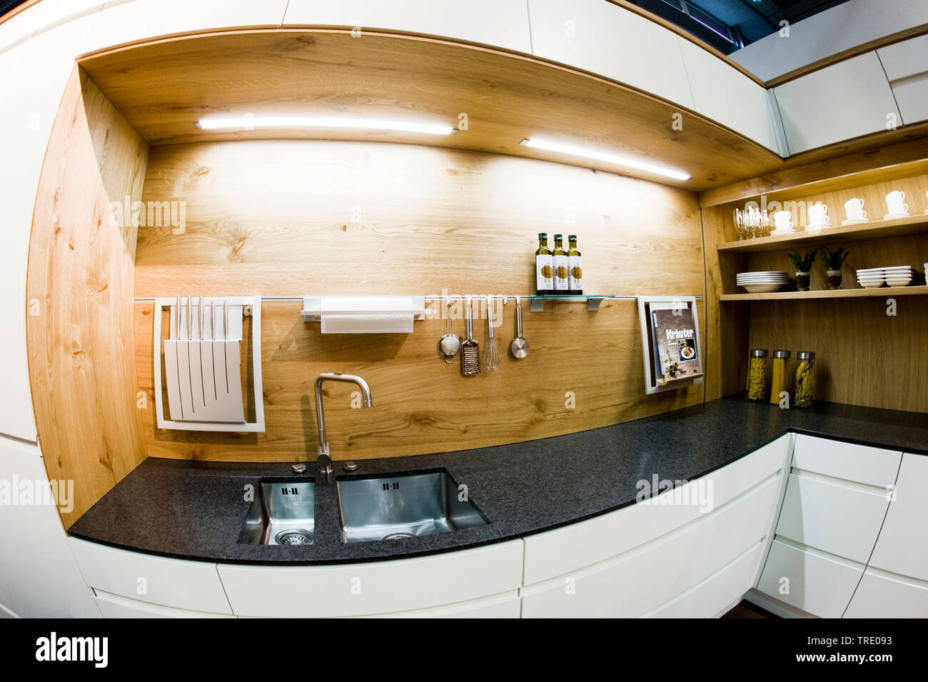 Photo of a modern kitchen in an exhibition taken taking with wide-angel ...