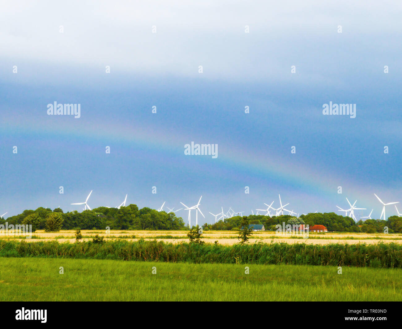 rainbow over wind park, Germany, Lower Saxony, Norddeich Stock Photo ...