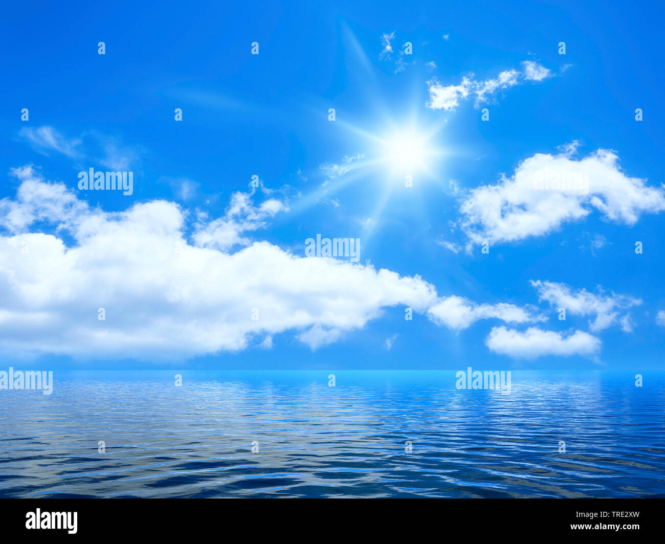 blue sky with some clouds and the sun over the ocean, illsustration ...