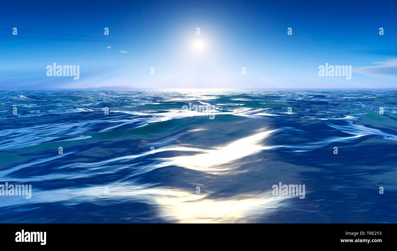 blue sky with some clouds and the sun over the ocean, illsustration ...