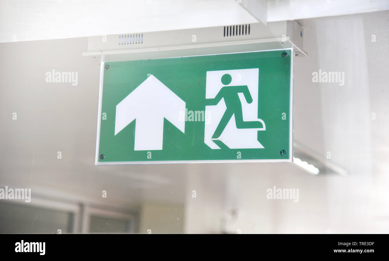 fire exit sign emergency green on wall corporate office building Stock ...