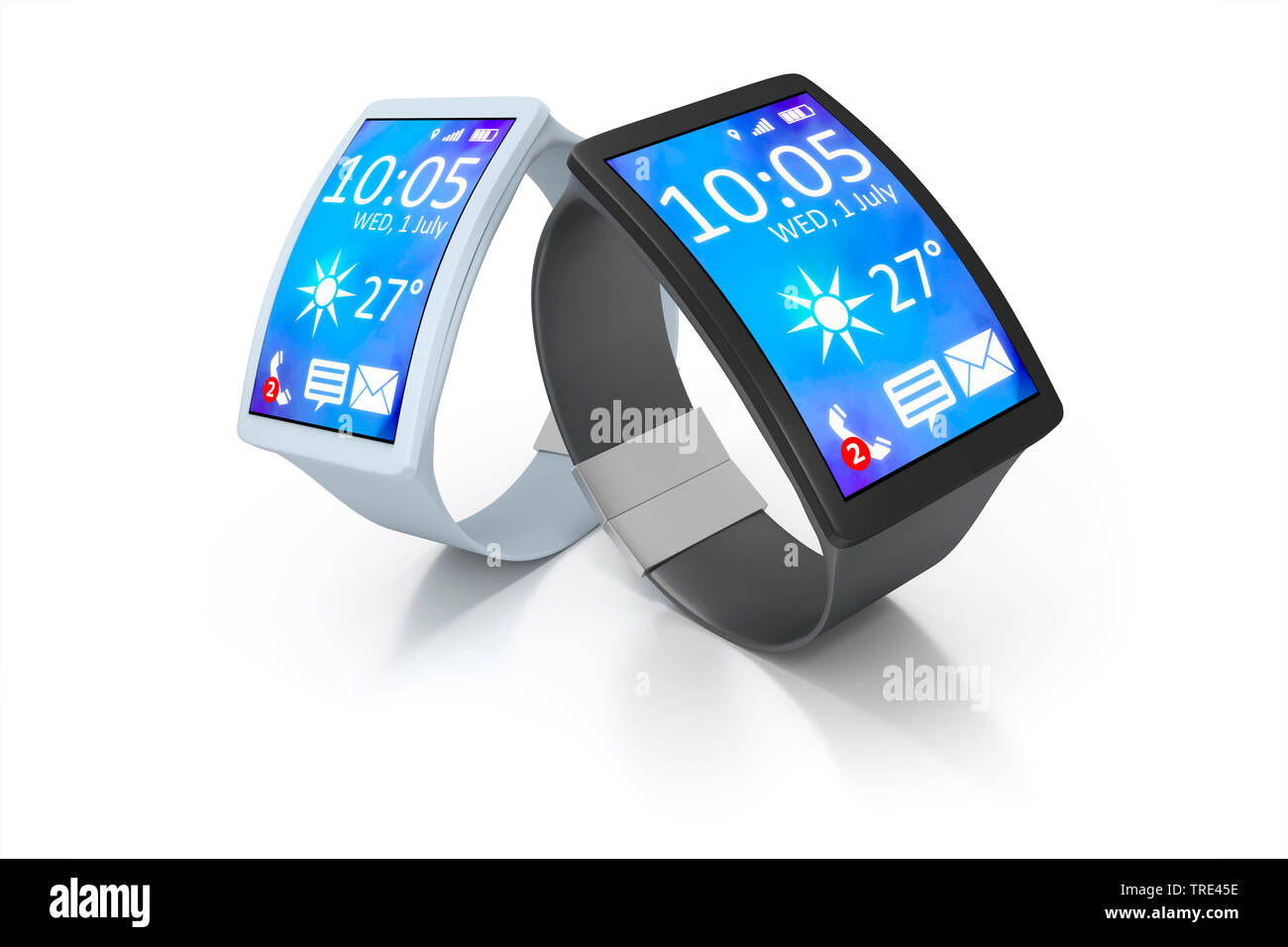 Two Smartwatches with activated screen against white background Stock ...