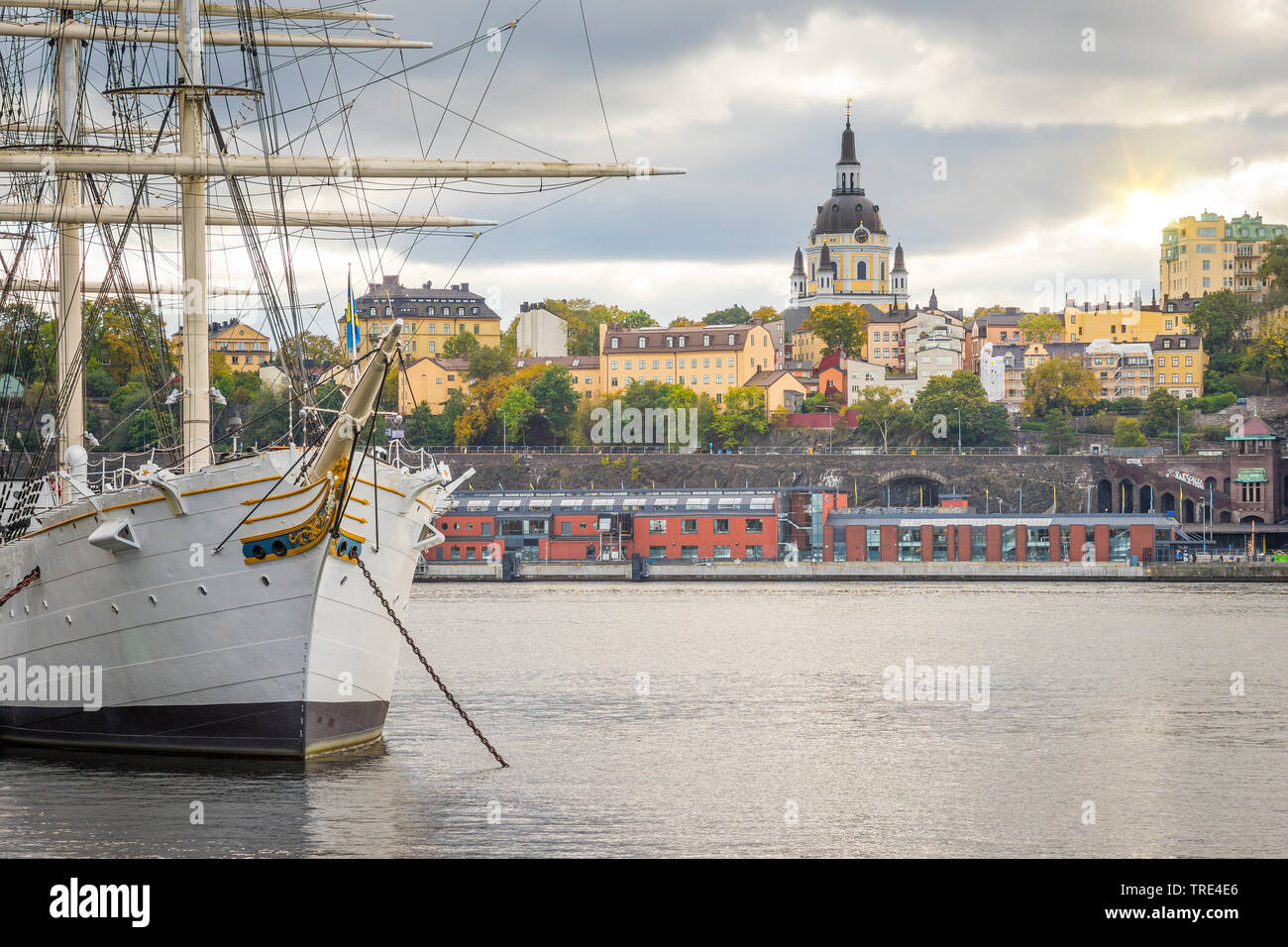 City view of Stockholm from the harbor with the Church of Catherine in ...