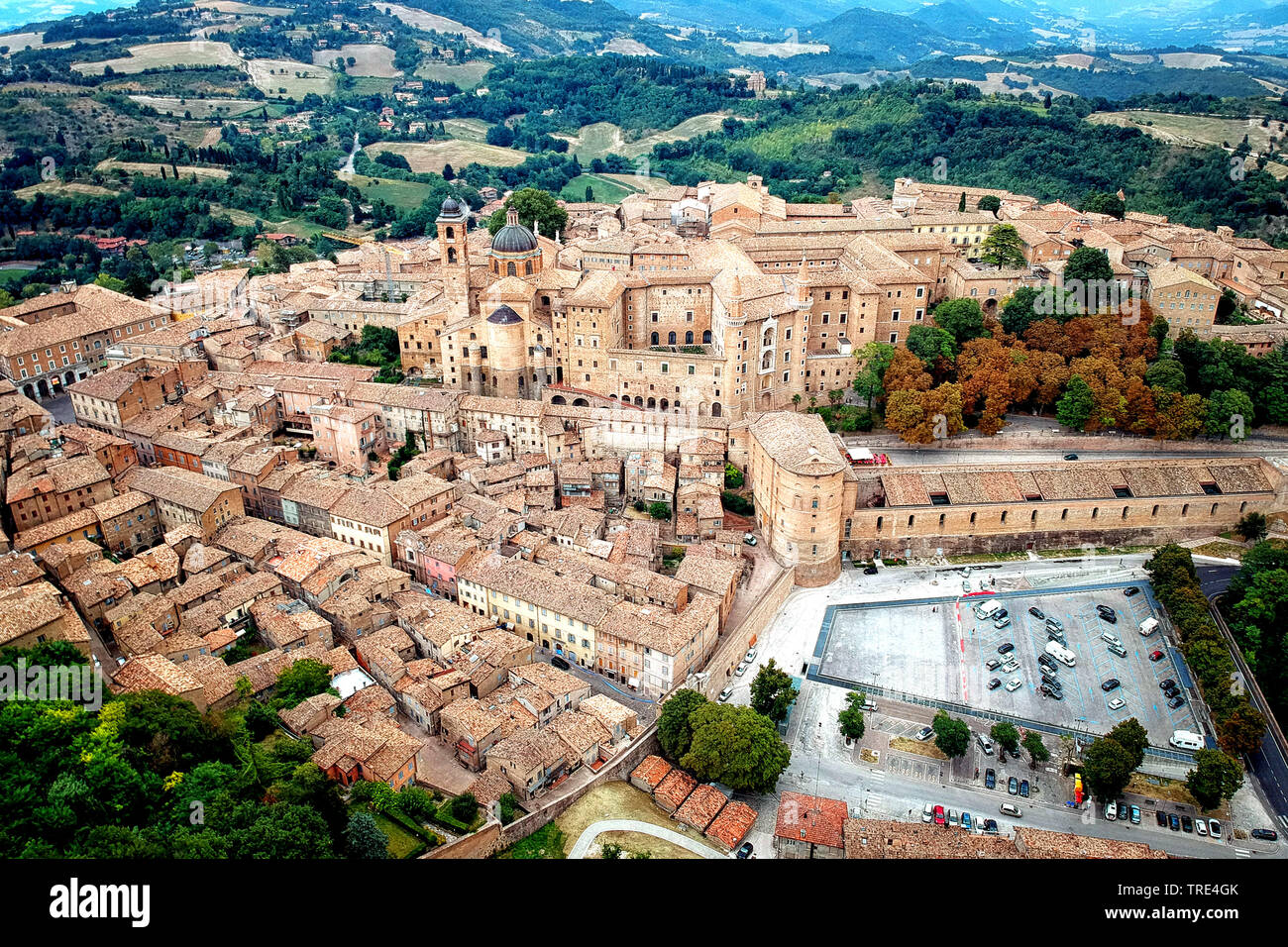 Aerial view of historic urban center of Urbino, Marche, Italy, Pesaro ...