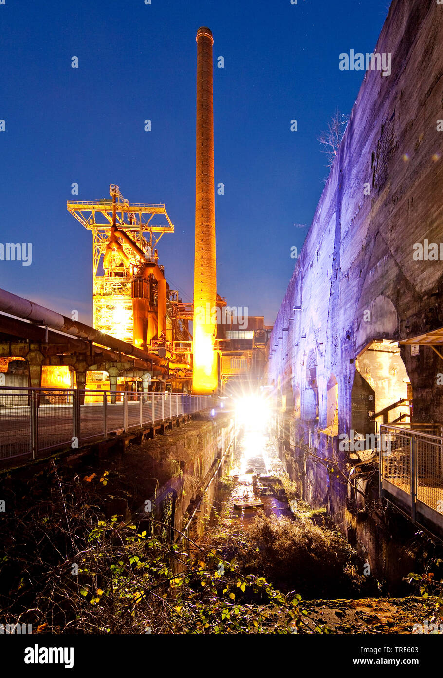 illuminated Industrial Museum Heinrichshuette, Germany, North Rhine ...