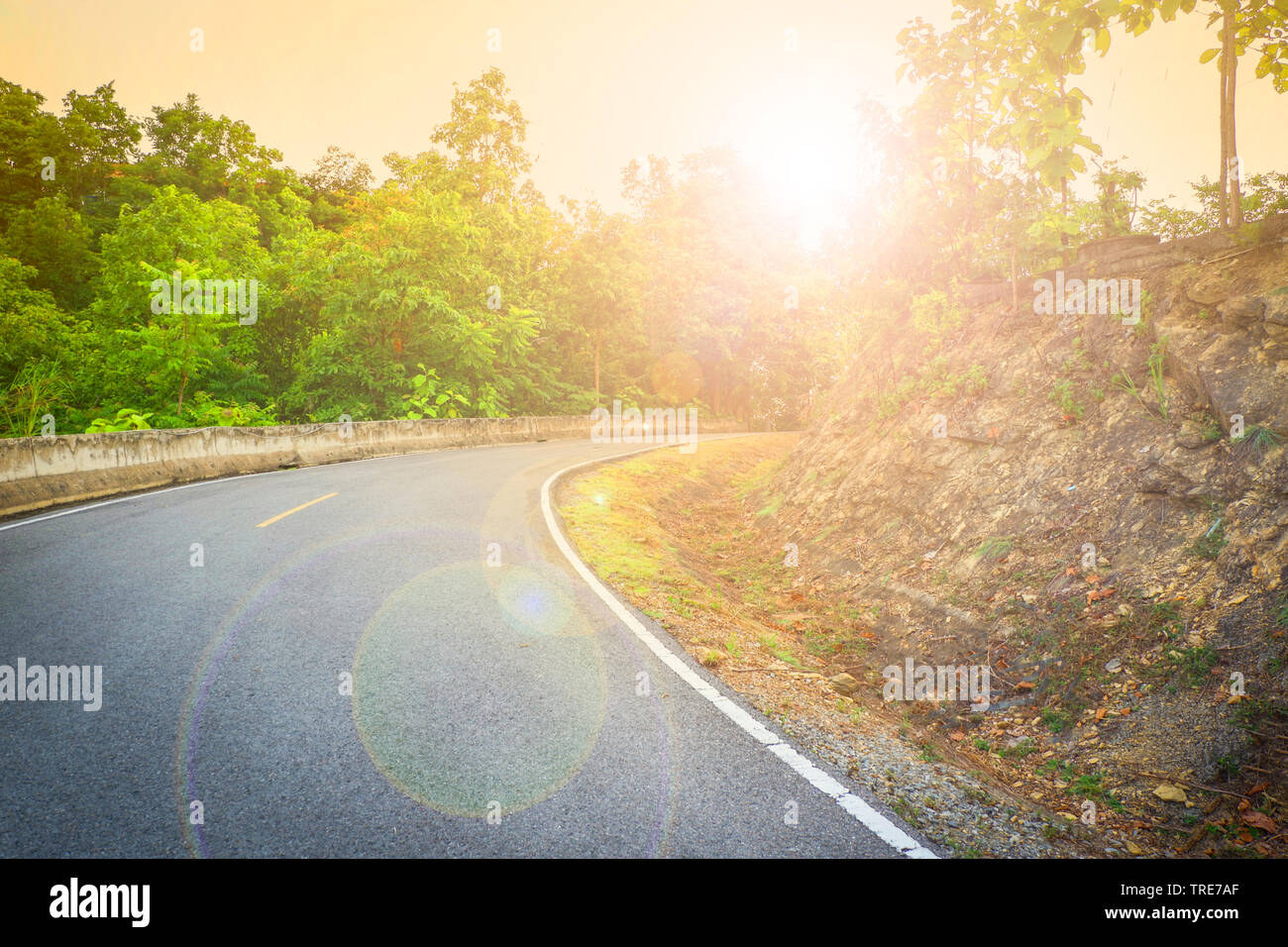 Uphill road curve with sunlight in the morning and tree in the roadside ...
