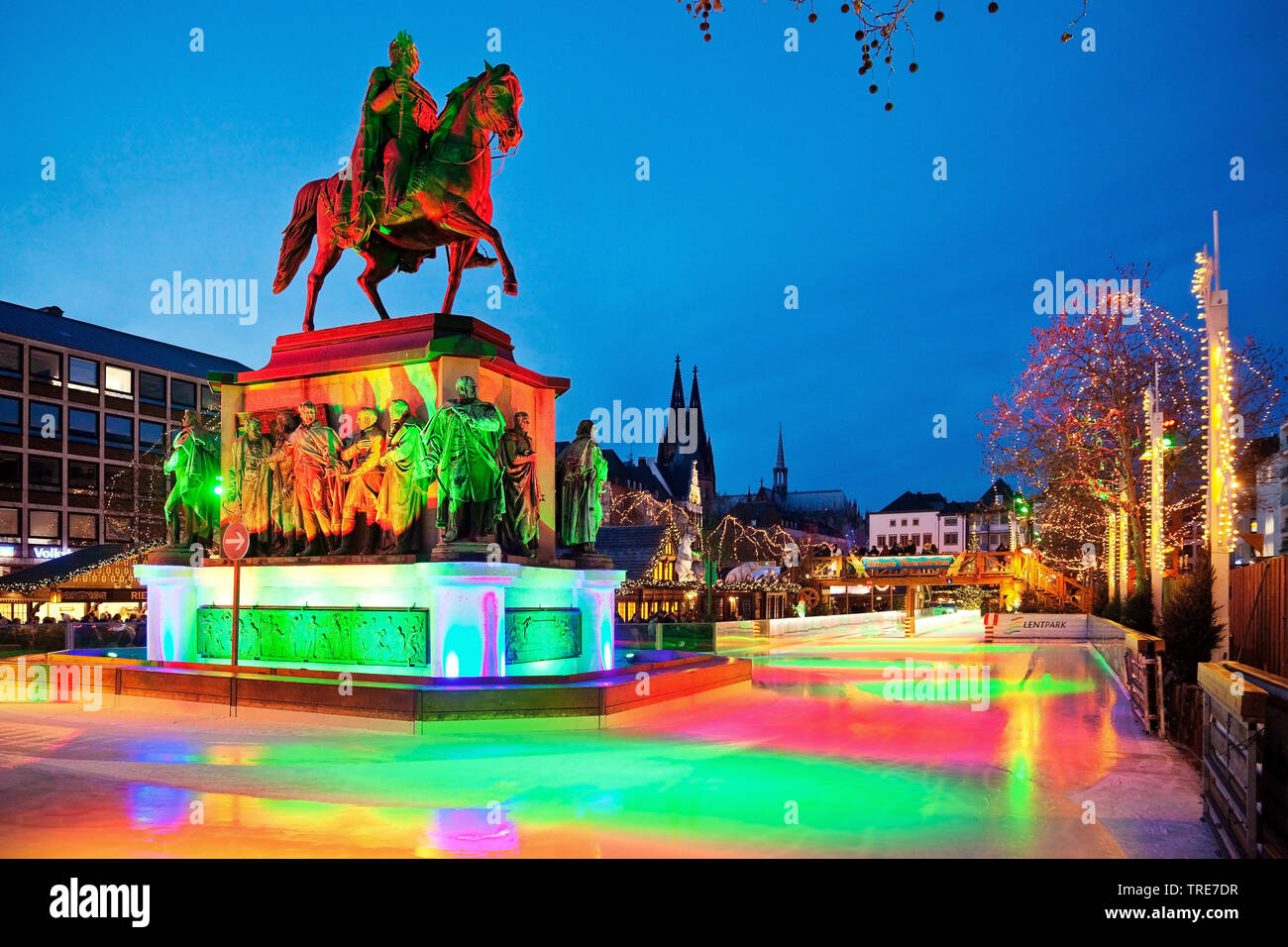 ice rink on the Heumarkt with illuminated equestrian statue of ...