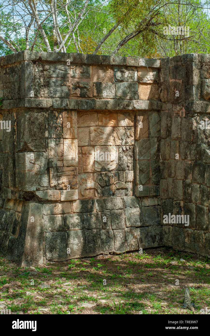 Stone carvings of a Mayan temple, in the archaeological area of Chichen ...