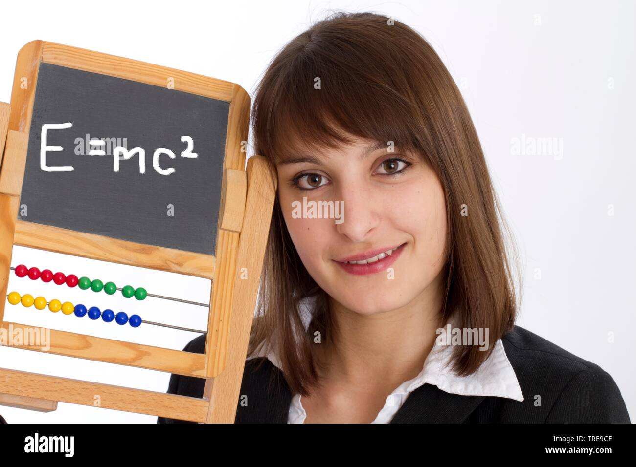 Young likeable women with a children blackboard and a rainbow abacus ...