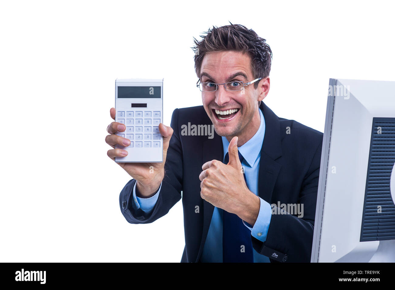 Manager in dark suit holding a calculator in his hand and looking into ...
