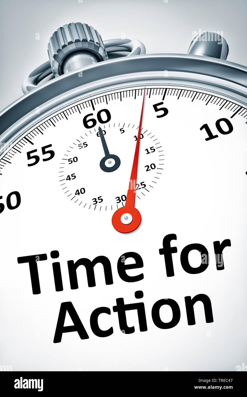 3D computer graphic, stopwatch lettering TIME FOR ACTION Stock Photo ...