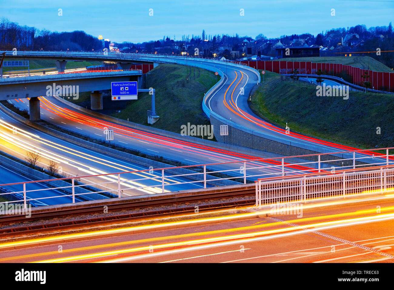 bridge over the motorway A40 in the evening, Germany, North Rhine ...
