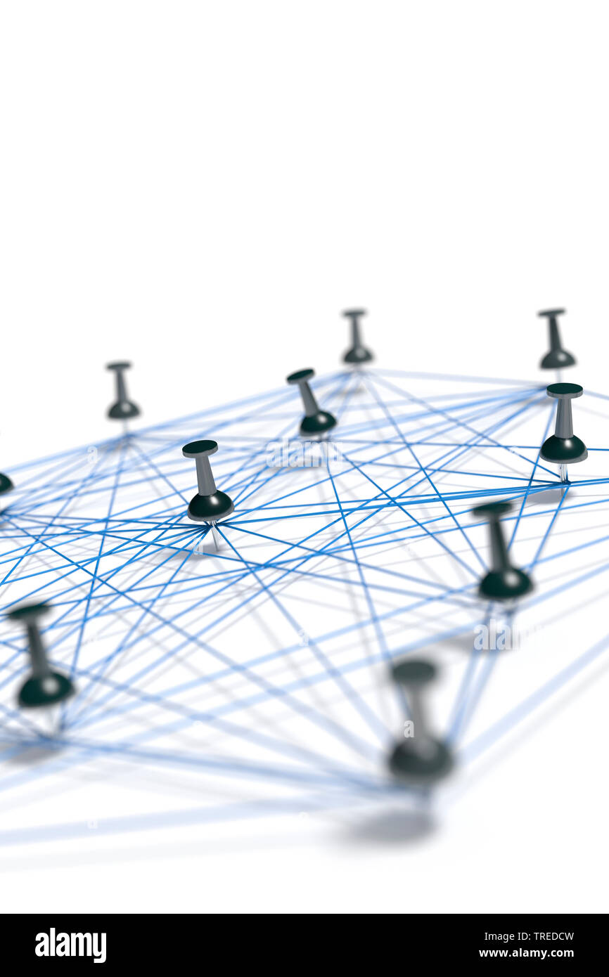 Pins connected with blue twines, symbolizing a network structure Stock ...