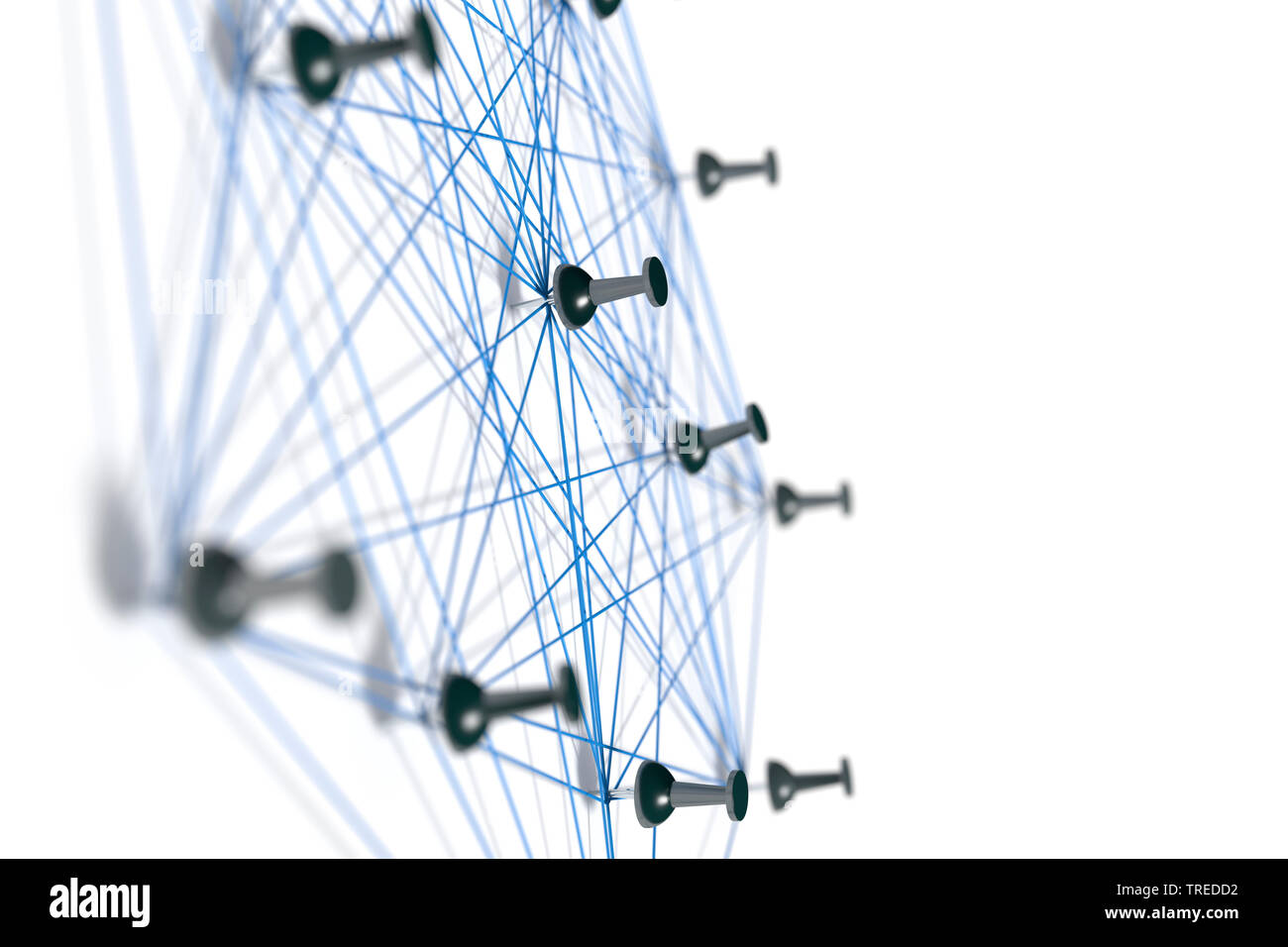 Pins connected with blue twines, symbolizing a network structure Stock ...