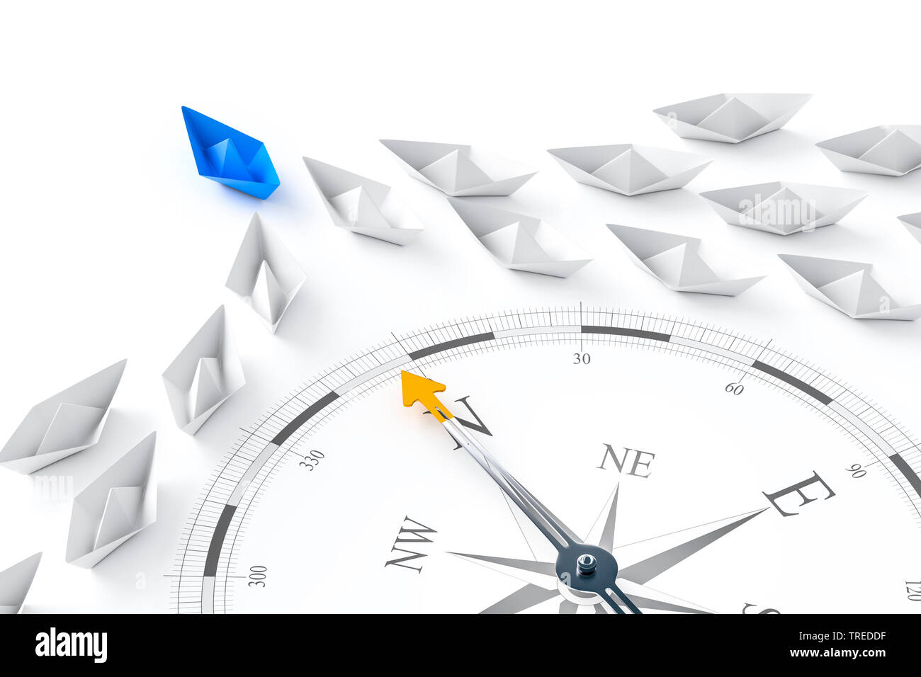 Blue paper boat leading a number of white paper boat leading and a ...