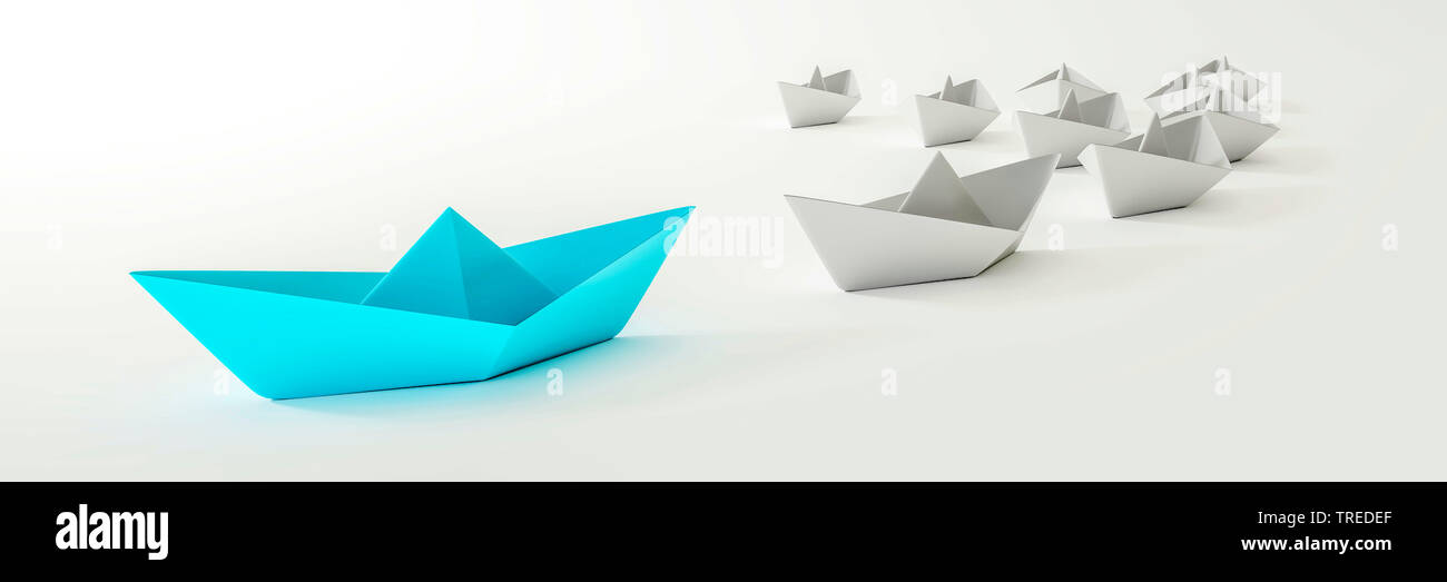 Turquoise paper boat leading a number of white paper boat leading ...