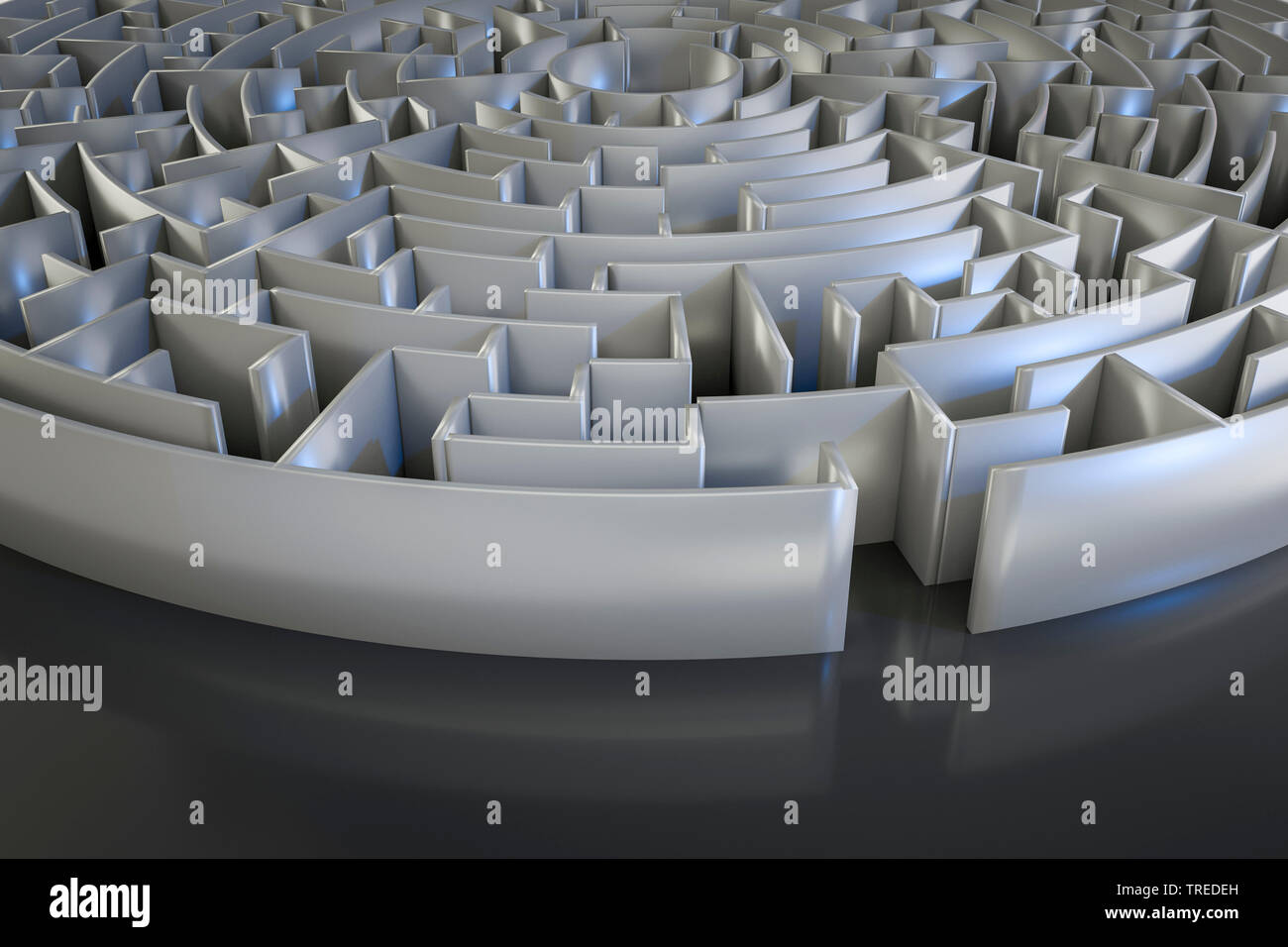 3D computer graphic, side view of a round maze against grey background ...