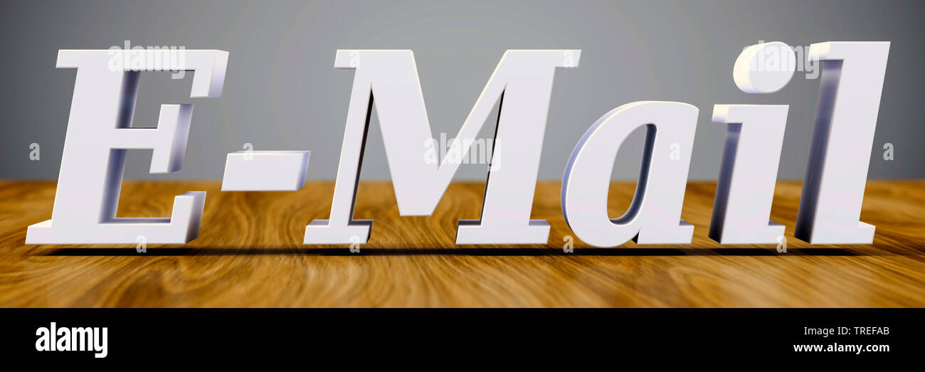 3D computer graphic, white lettering E-MAIL on wooden surface Stock ...