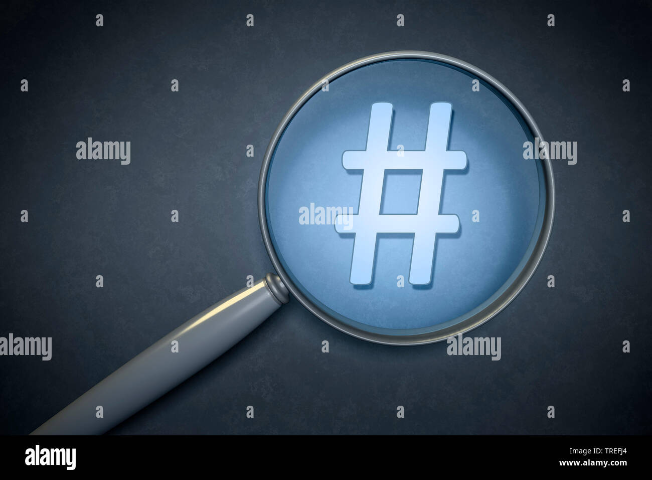 Magnifying glass with a hashtag symbol against grey background - social ...