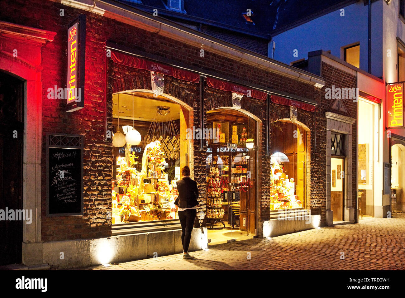 bakery with Aachener Printen in the evening, Germany, North Rhine ...