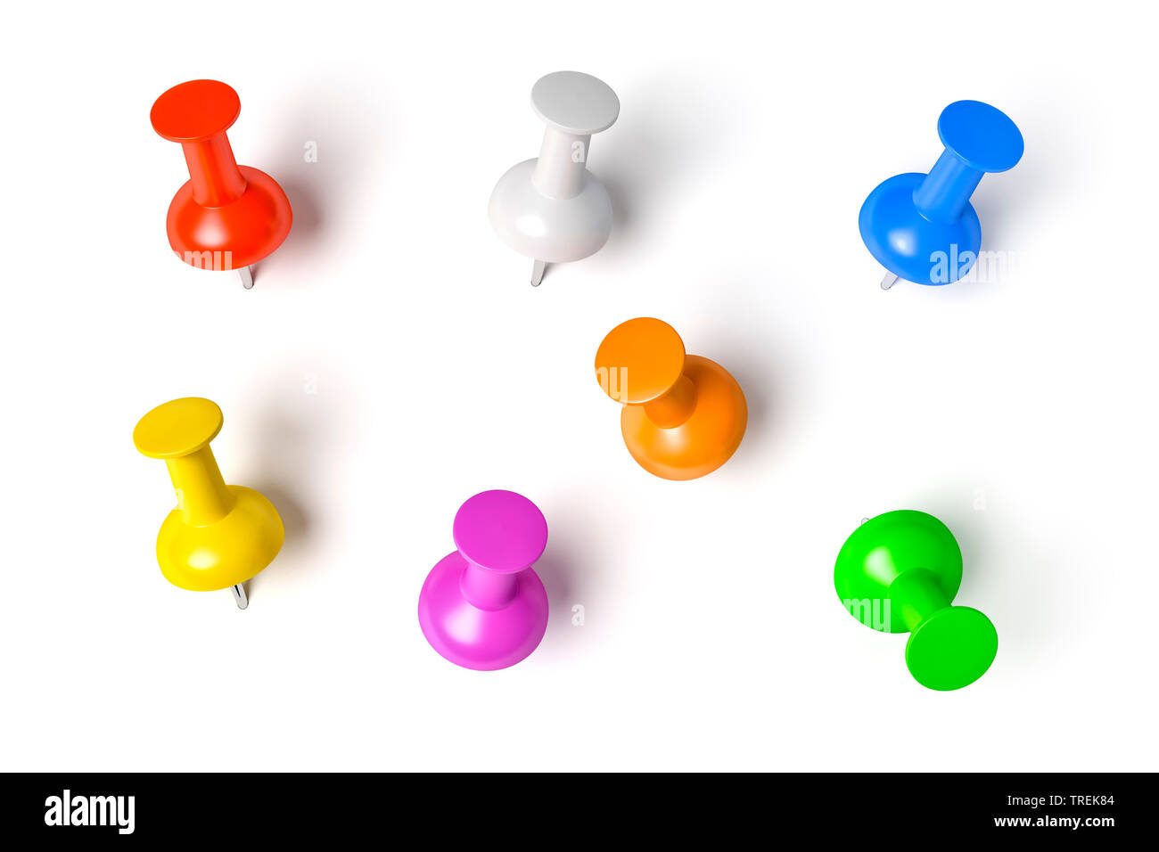 3D computer graphic, drawing pins in various colors against white ...