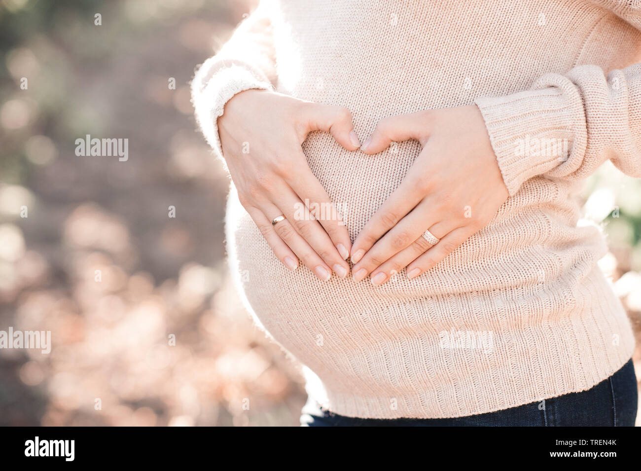 Pregnant woman tummy with hands in heart shape outdoors over nature ...