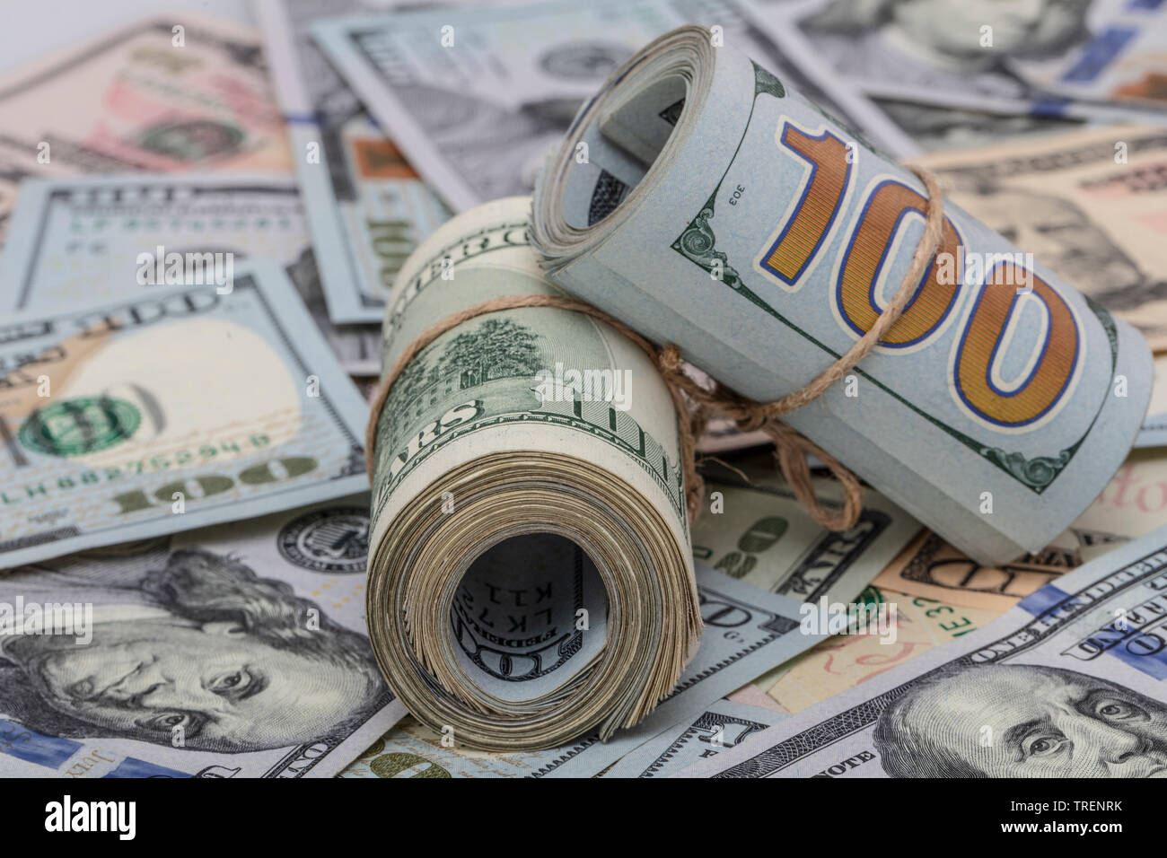 American dollars. A stack of hundred dollar bills. Close up of new ...