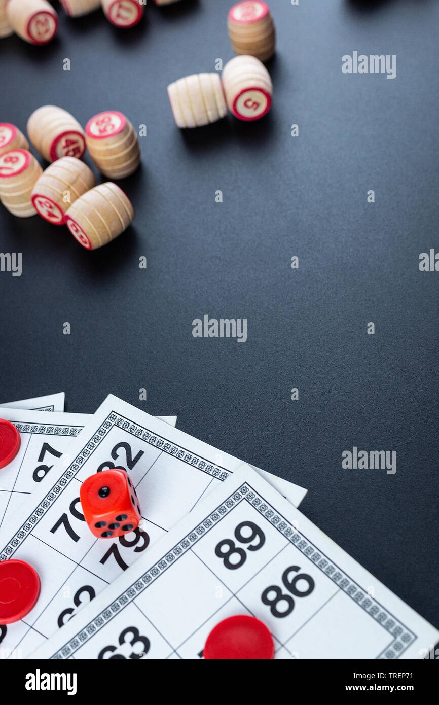 Tabletop old lotto game with wooden elements. Cards bingo Stock Photo ...