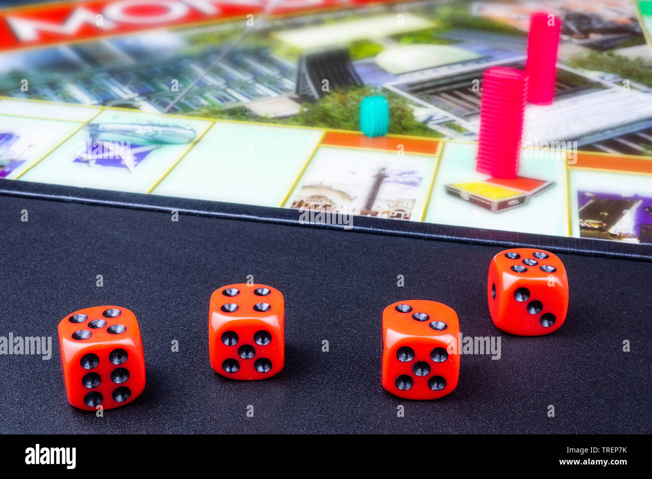 Moscow, Russia-March, 27, 2019: Cubes lie on the board game monopoly ...