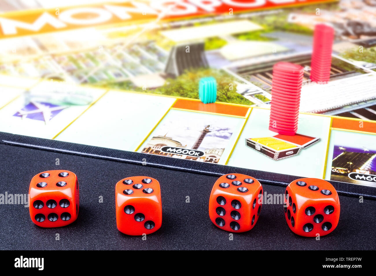 Moscow, Russia-March, 27, 2019: Cubes lie on the board game monopoly ...