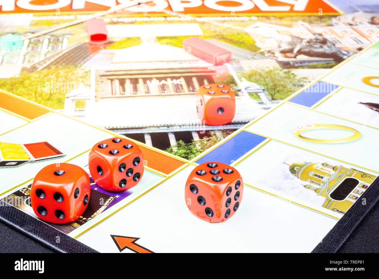 Moscow, Russia-March, 27, 2019: Cubes lie on the board game monopoly ...