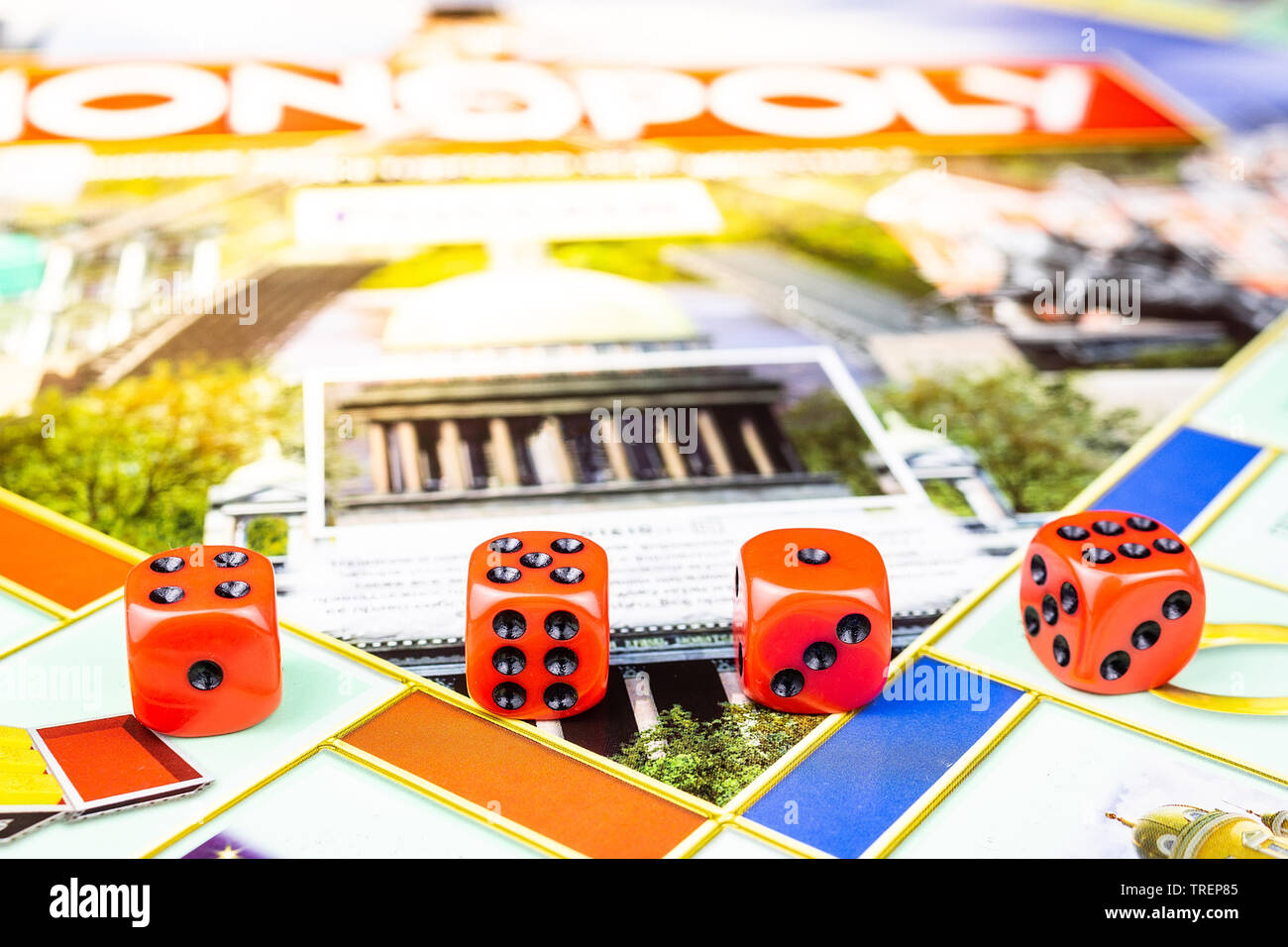 Moscow, Russia-March, 27, 2019: Cubes lie on the board game monopoly ...