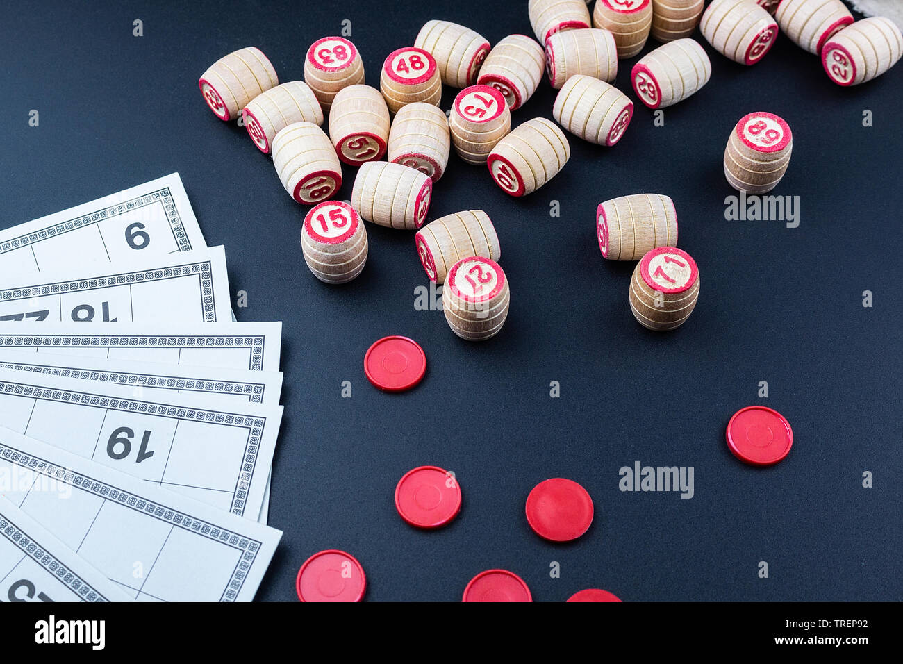 Tabletop old lotto game with wooden elements. Cards bingo Stock Photo ...