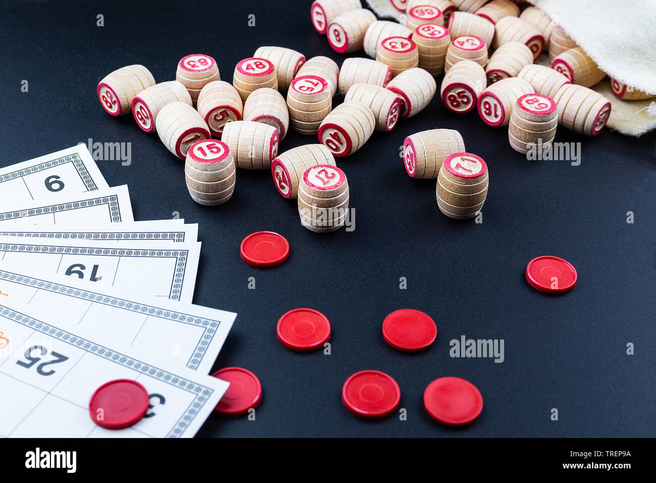 Tabletop old lotto game with wooden elements. Cards bingo Stock Photo ...