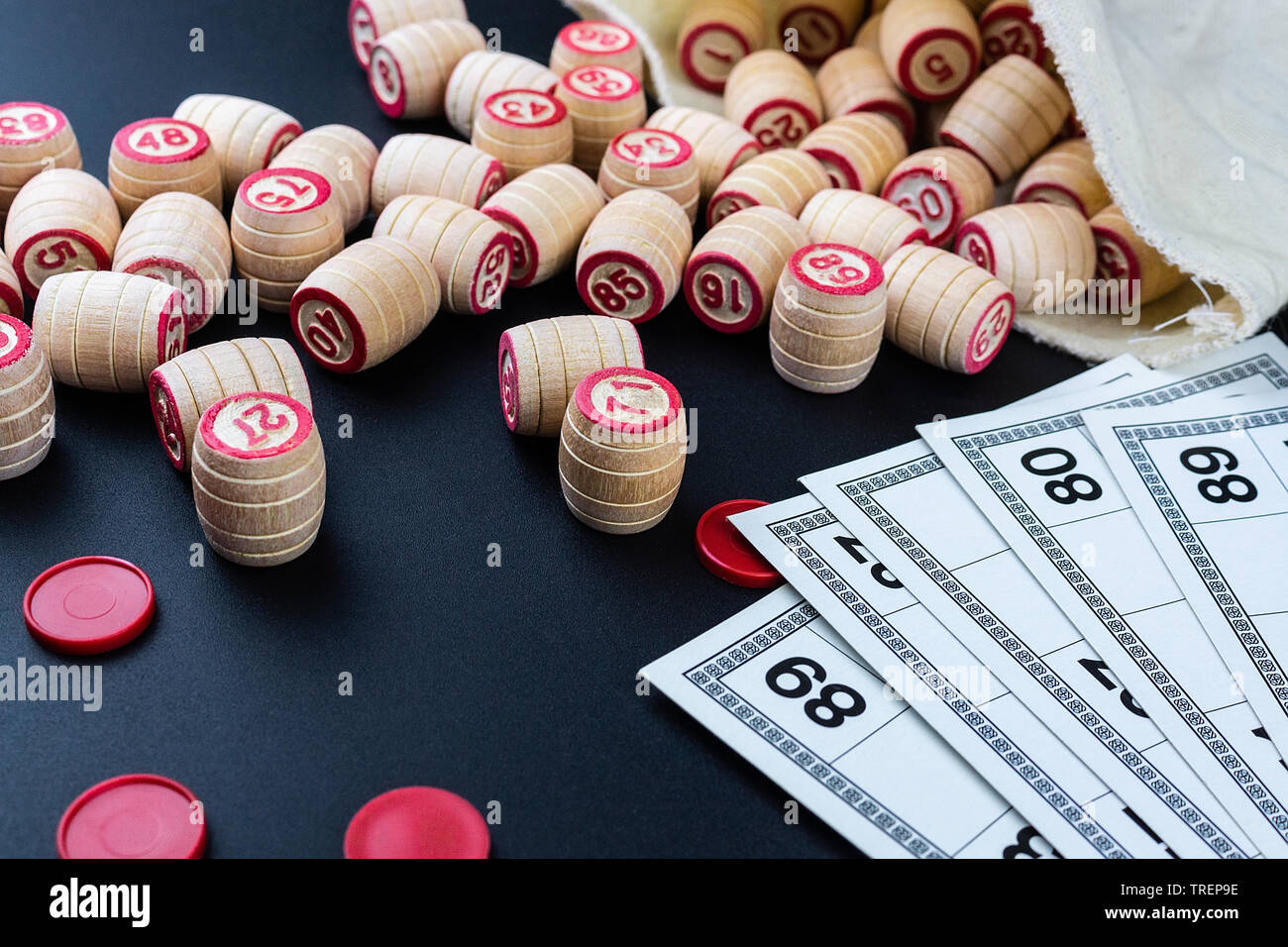 Tabletop old lotto game with wooden elements. Cards bingo Stock Photo ...