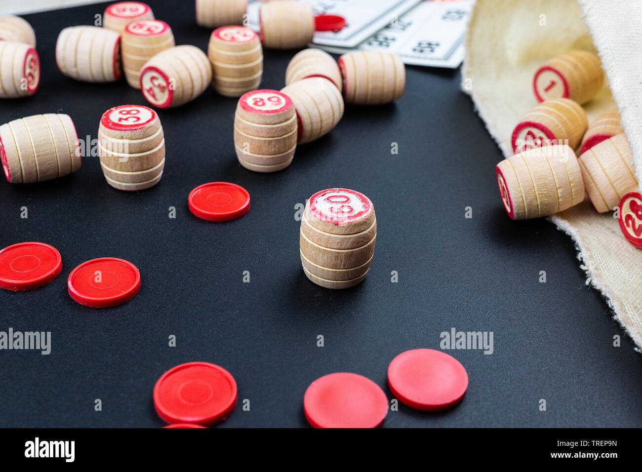 Tabletop old lotto game with wooden elements. Cards bingo Stock Photo ...